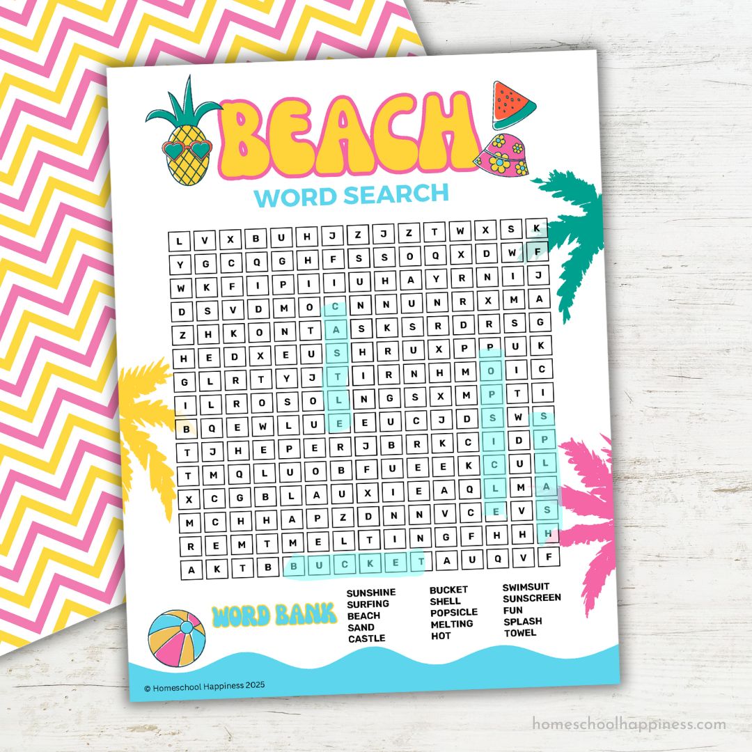 Free Summer Beach Word Search Printable for Kids